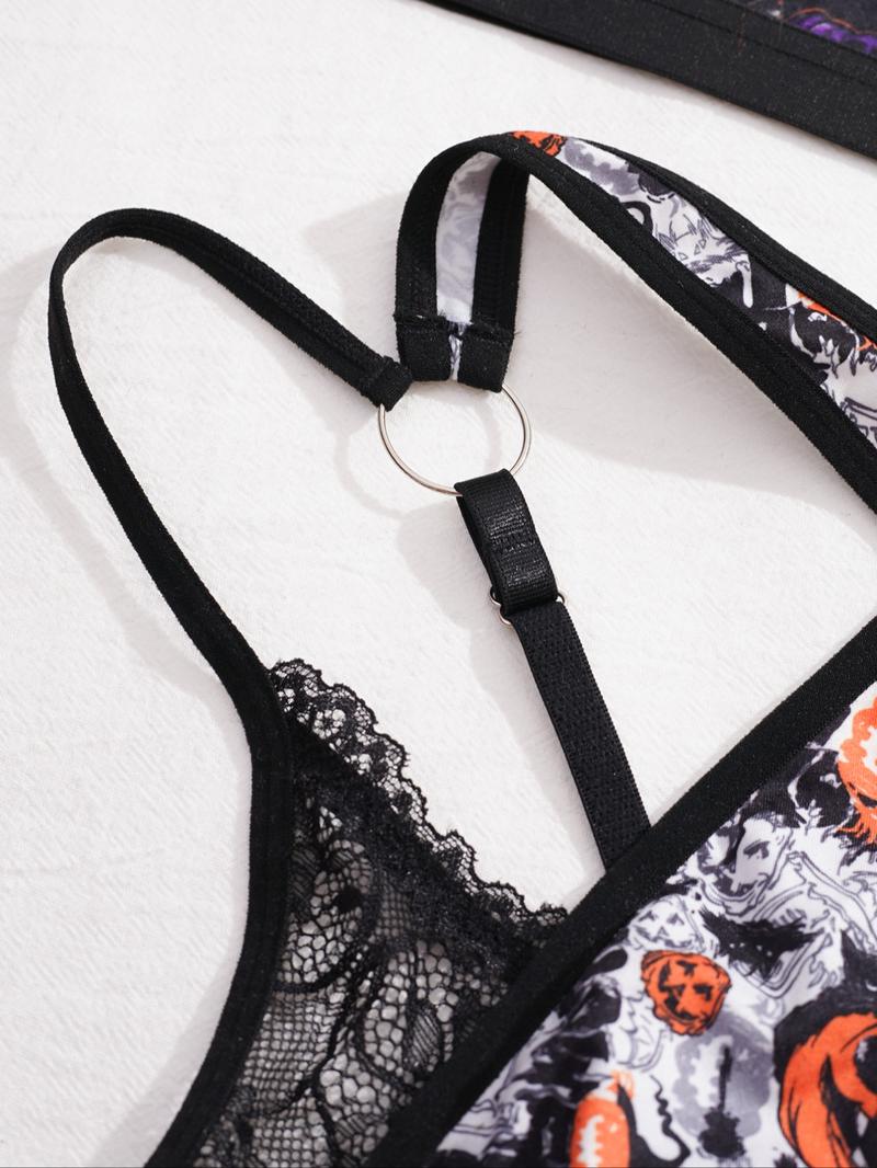 Women's Halloween Pumpkin Bat Skull Print Bra Set, Party Wear ...