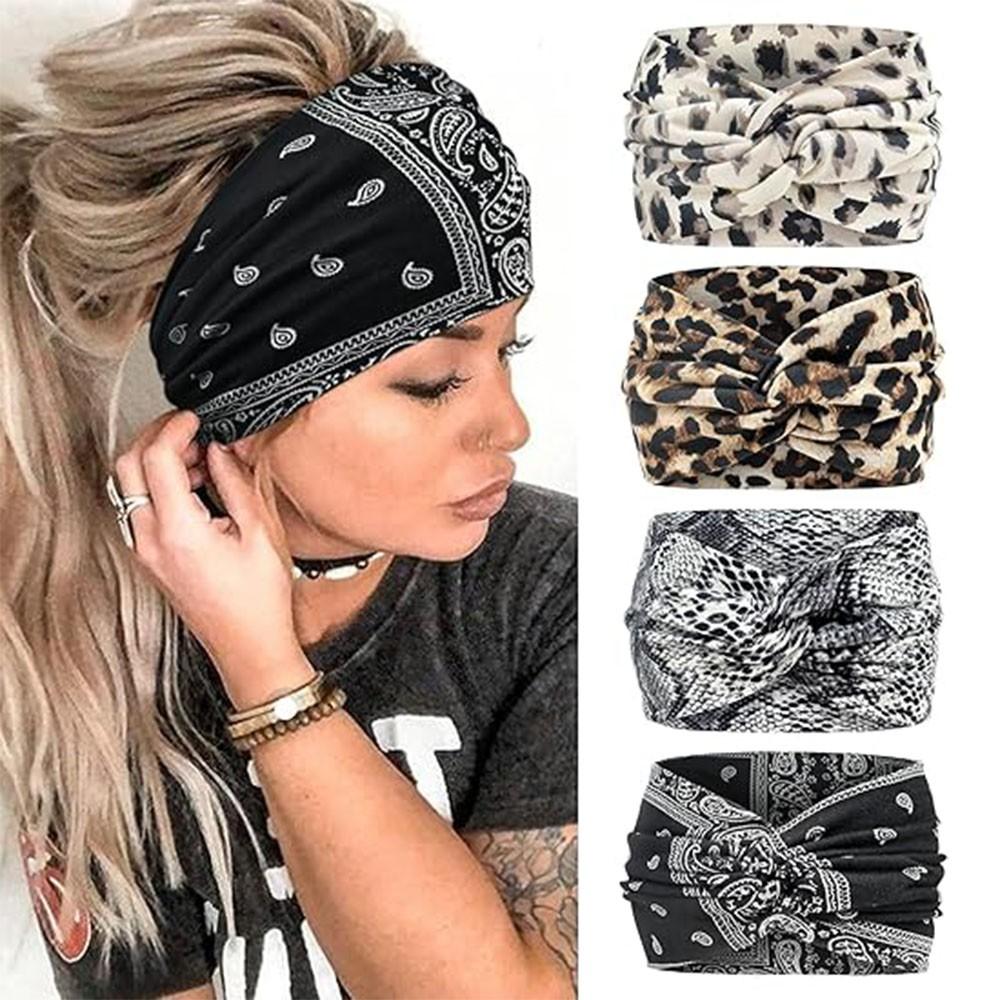 Women's Wide Headbands (7 Inches) 4-Pack, Bohemian Vintage Elastic Hair ...