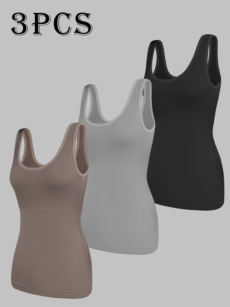 Women's Seamless Ribbed Tank Tops, 3 Pack Plain Color Sleeveless Undershirts, Casual Wear for ...