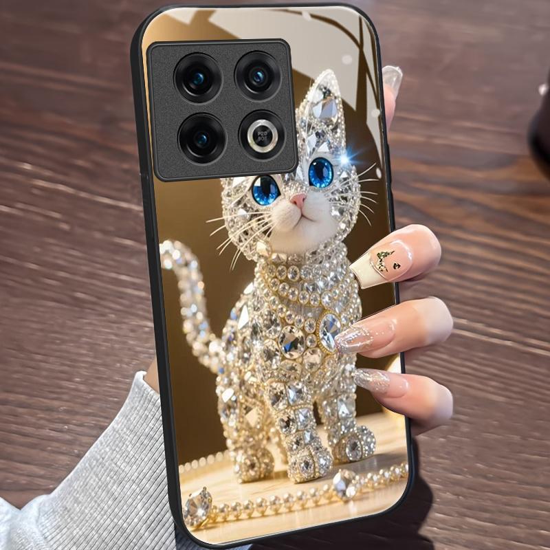 Diamond - adorned Kitty pattern Black Frame Glass Phone Case suitable ...