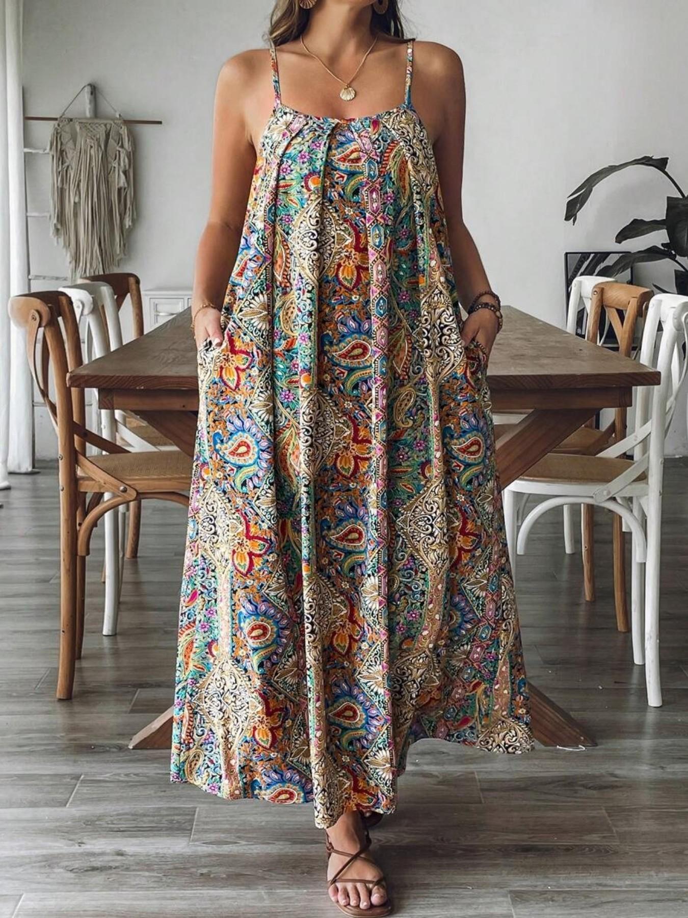 Boho Print Maxi Dress for Women, Loose Fit Summer Beachwear, Thin ...