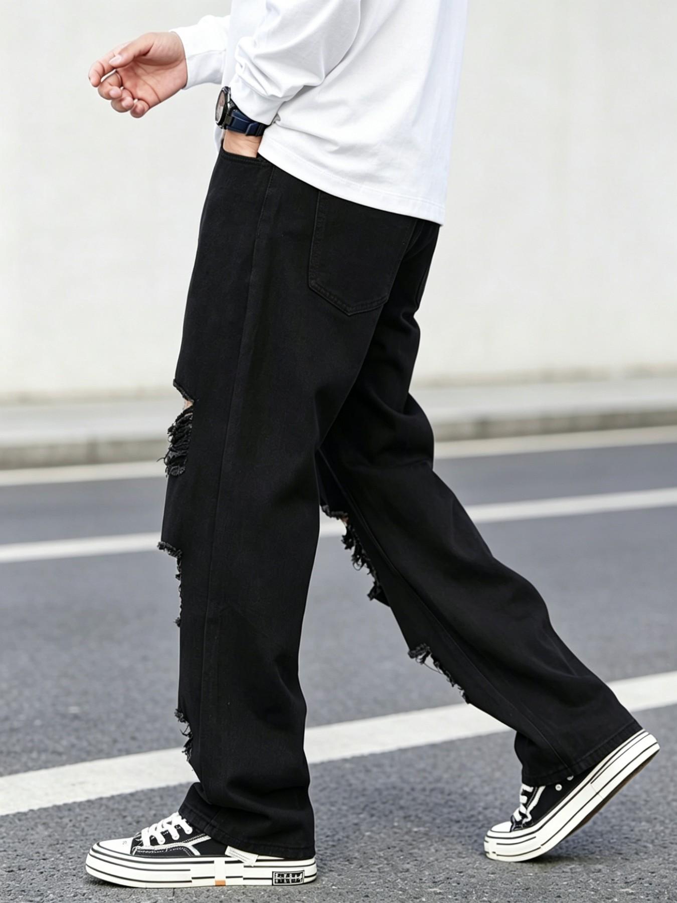 Black Ripped Jeans Distressed for Men, Loose Straight Leg Wide Leg ...
