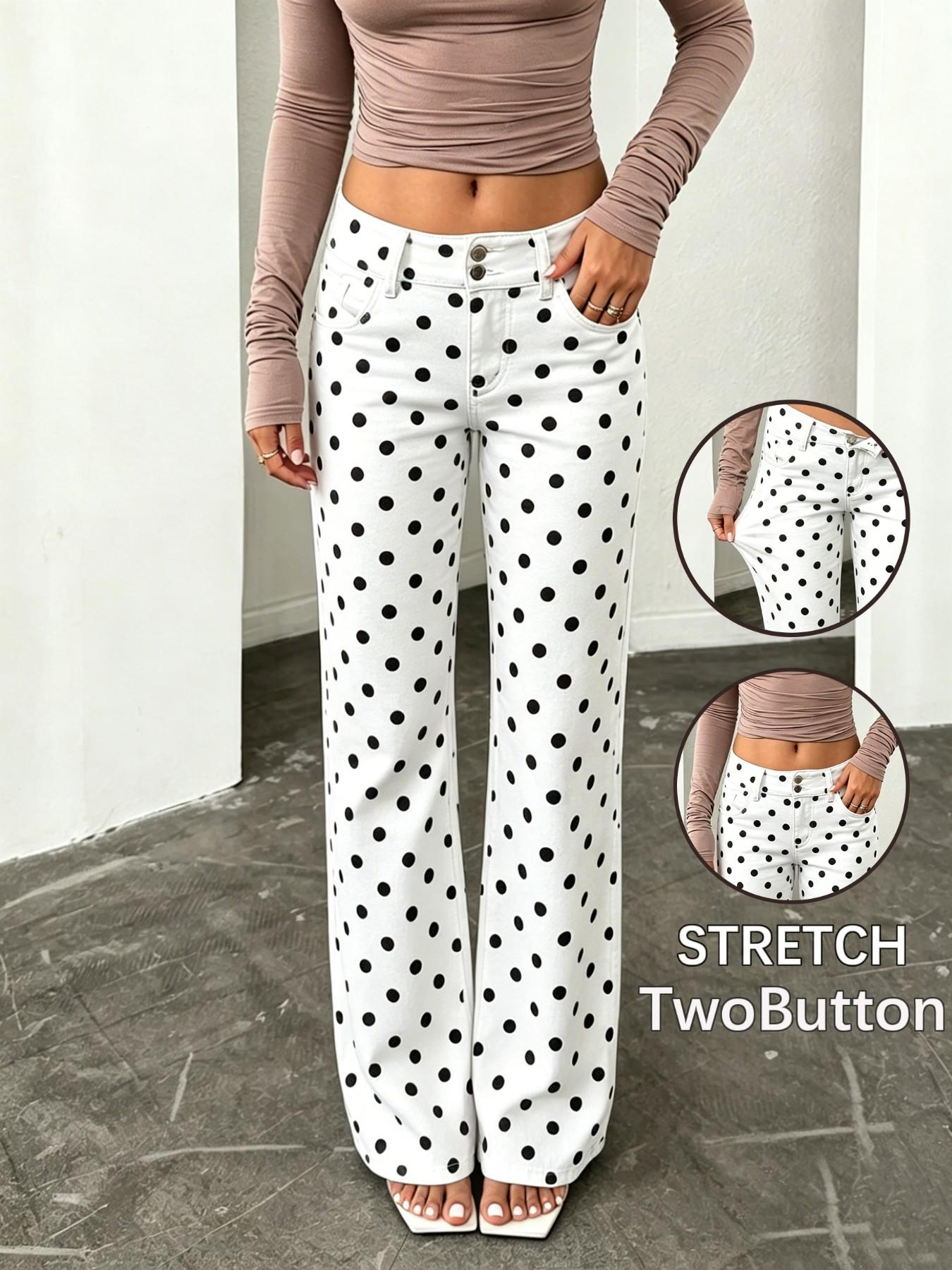 Women's Polka Dot High Waist Elastic Button Micro Flare Jeans ...