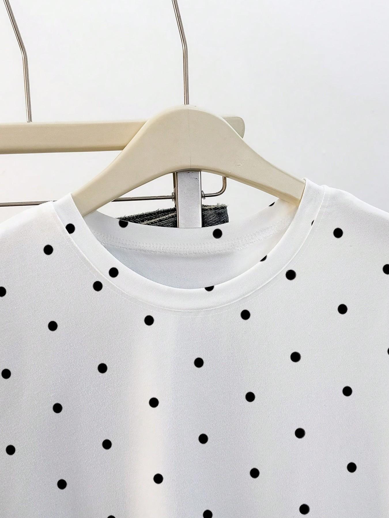 Women's Casual Polka Dot Loose Fit Daily Wear Cute Aesthetic Round Neck ...