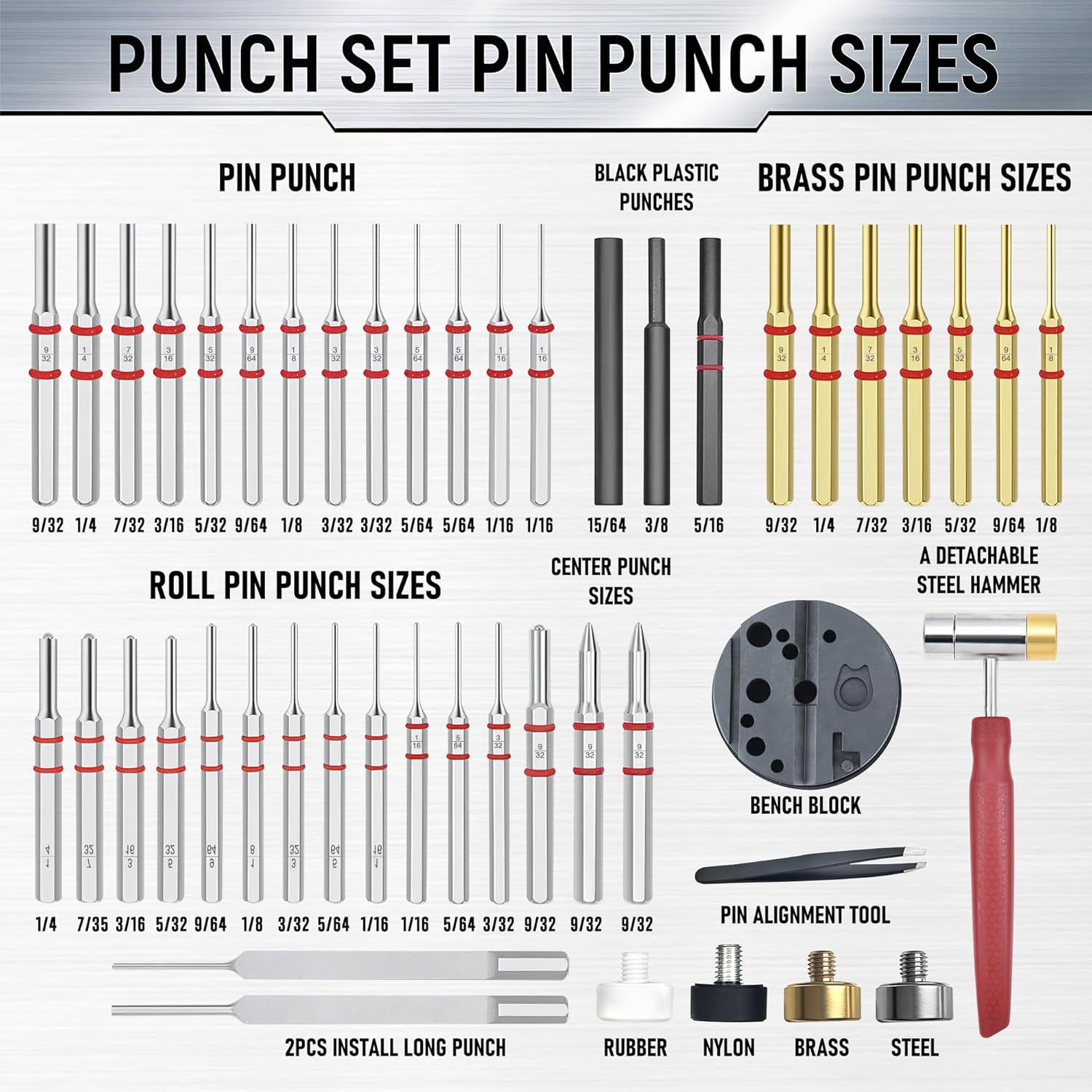 Pin Punch Set, 40 count Steel and Brass, Mechanical Repair Tool ith ...