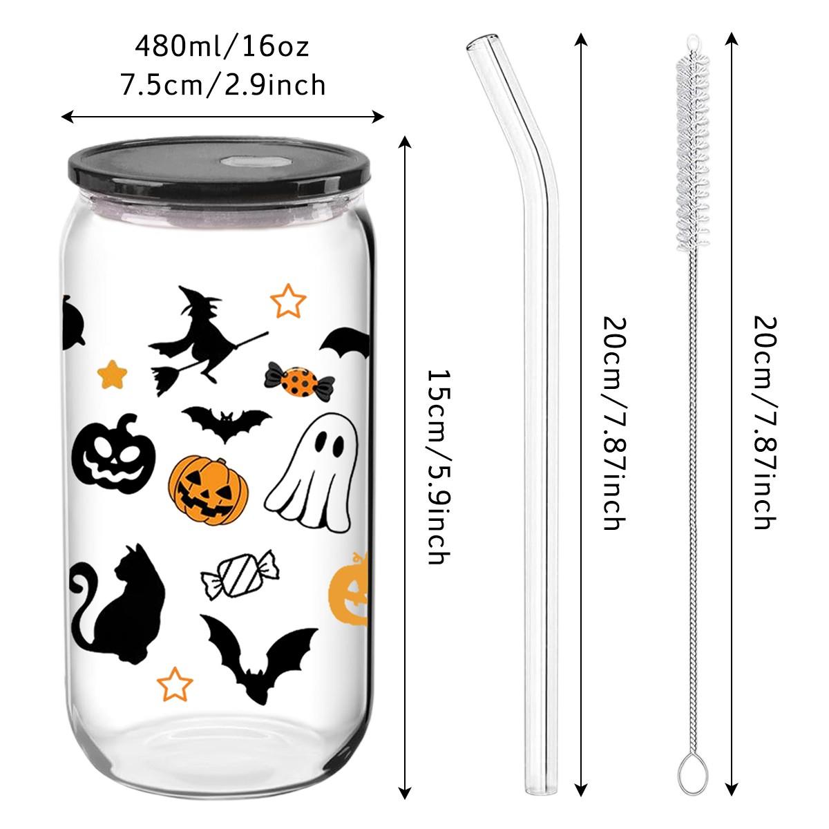 Halloween Glass Cup Set, 16oz Drinking Glasses with Glass Straw & Brush ...