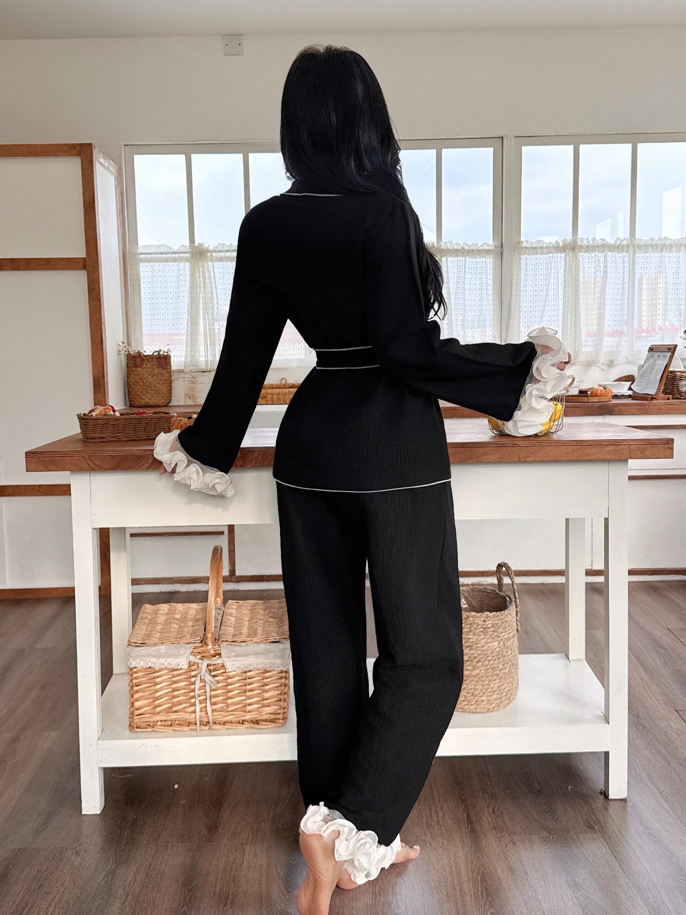 Women's Elegant Two-Piece Set, Long Sleeve Top and Pants Sleepwear ...