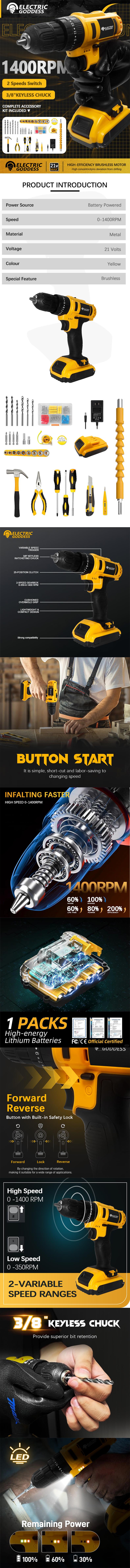 Cordless Drill Tool Kit Set: 20V Power Drill Tool Box with Battery ...