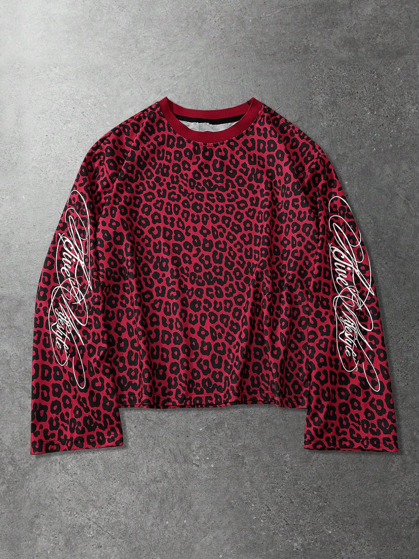 Oversized Red Leopard Print Long Sleeve T-shirt, Vintage Gothic Font ...