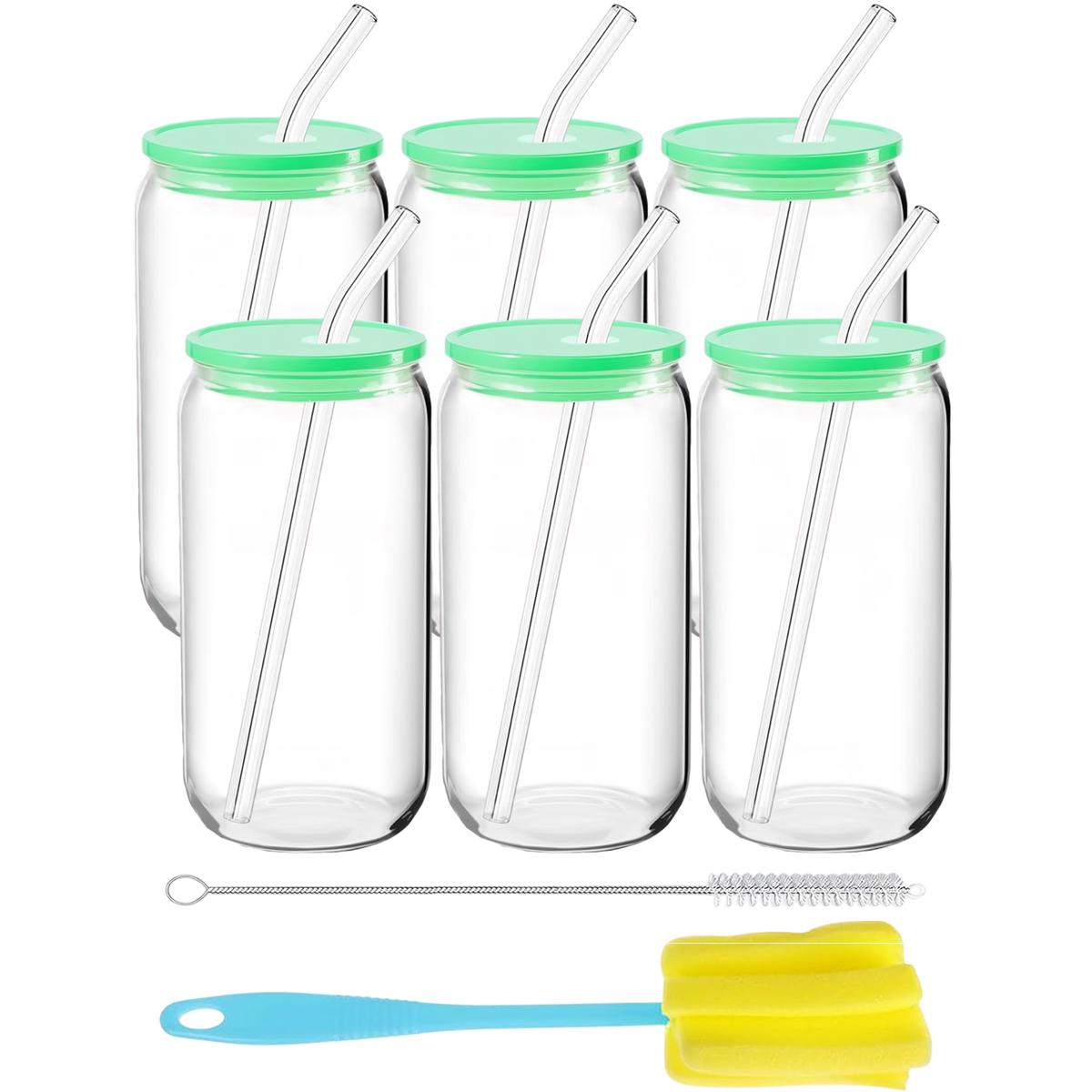 Glass Cups with Lids and Glass Straw, 1/6 Pack Beer Can Drinking ...