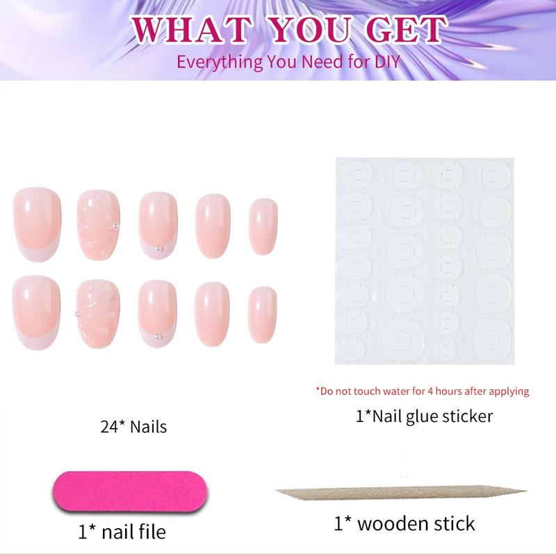 24pcs Short Oval French Gel Pearl Design Acrylic Press-On Nails Set ...