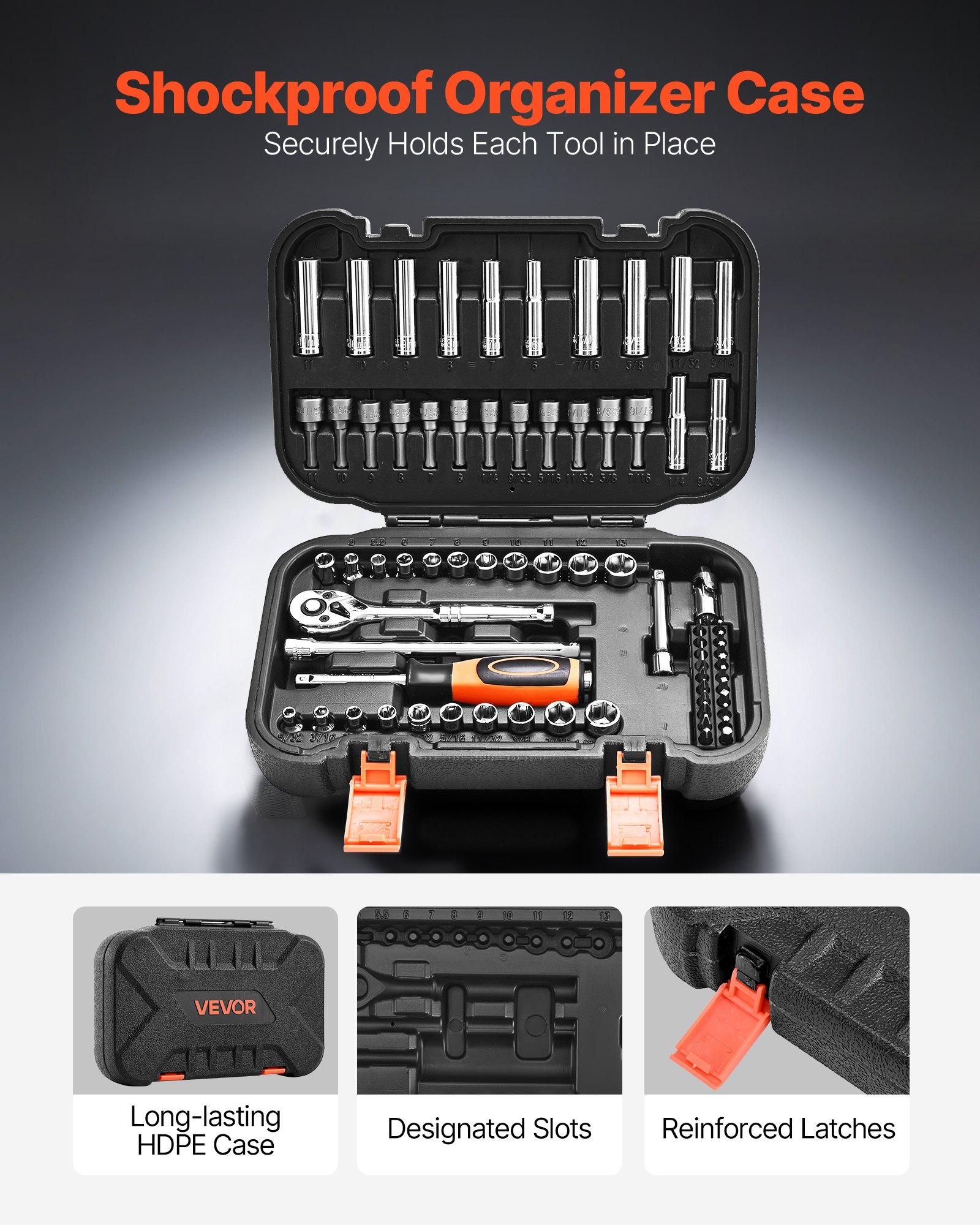 VEVOR Socket Set, 70 Pieces, 1/4 inch Drive Socket and Ratchet Set, SAE ...