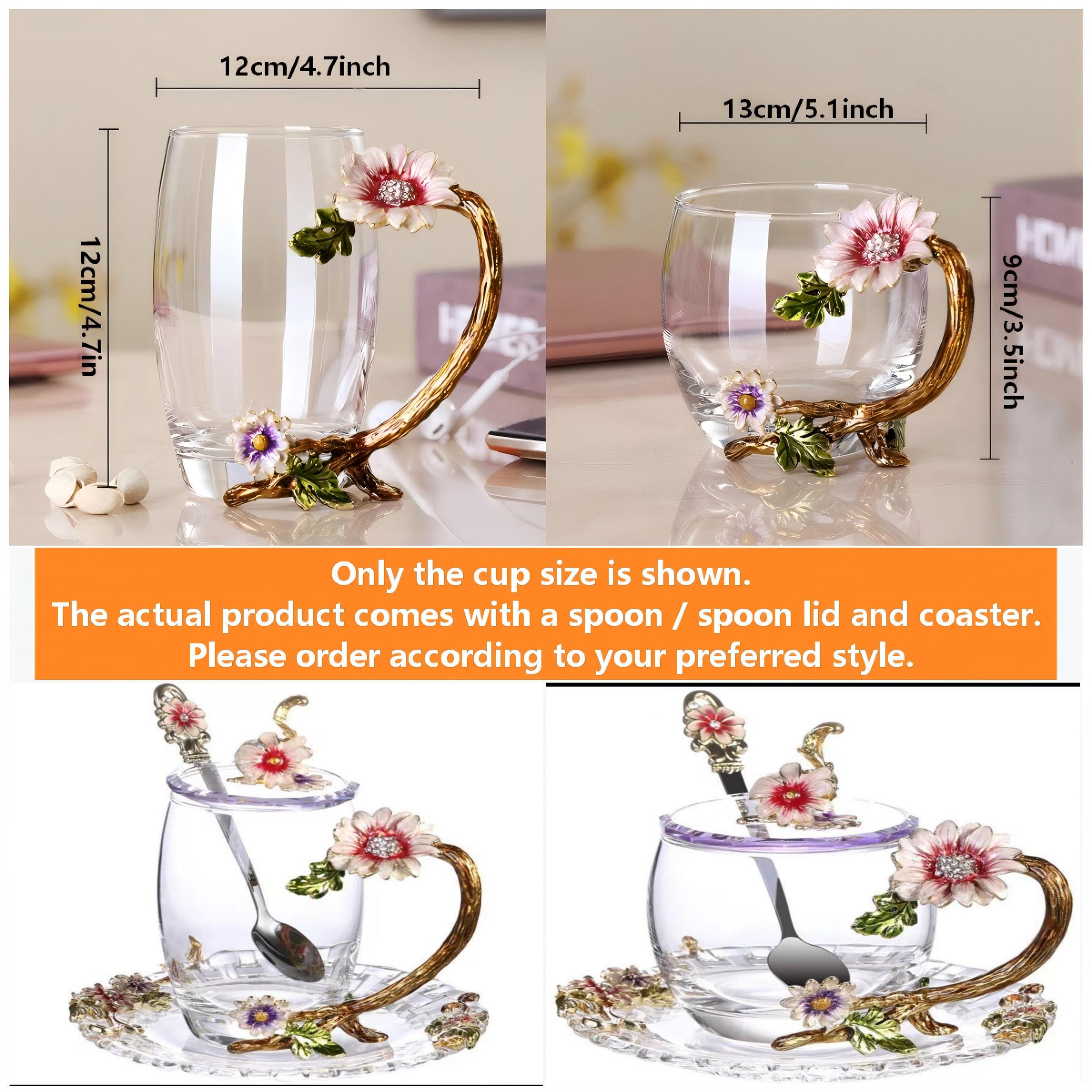 Enamel Sunflower Crystal Glass Tea Cup Set, Creative Floral Handle ...