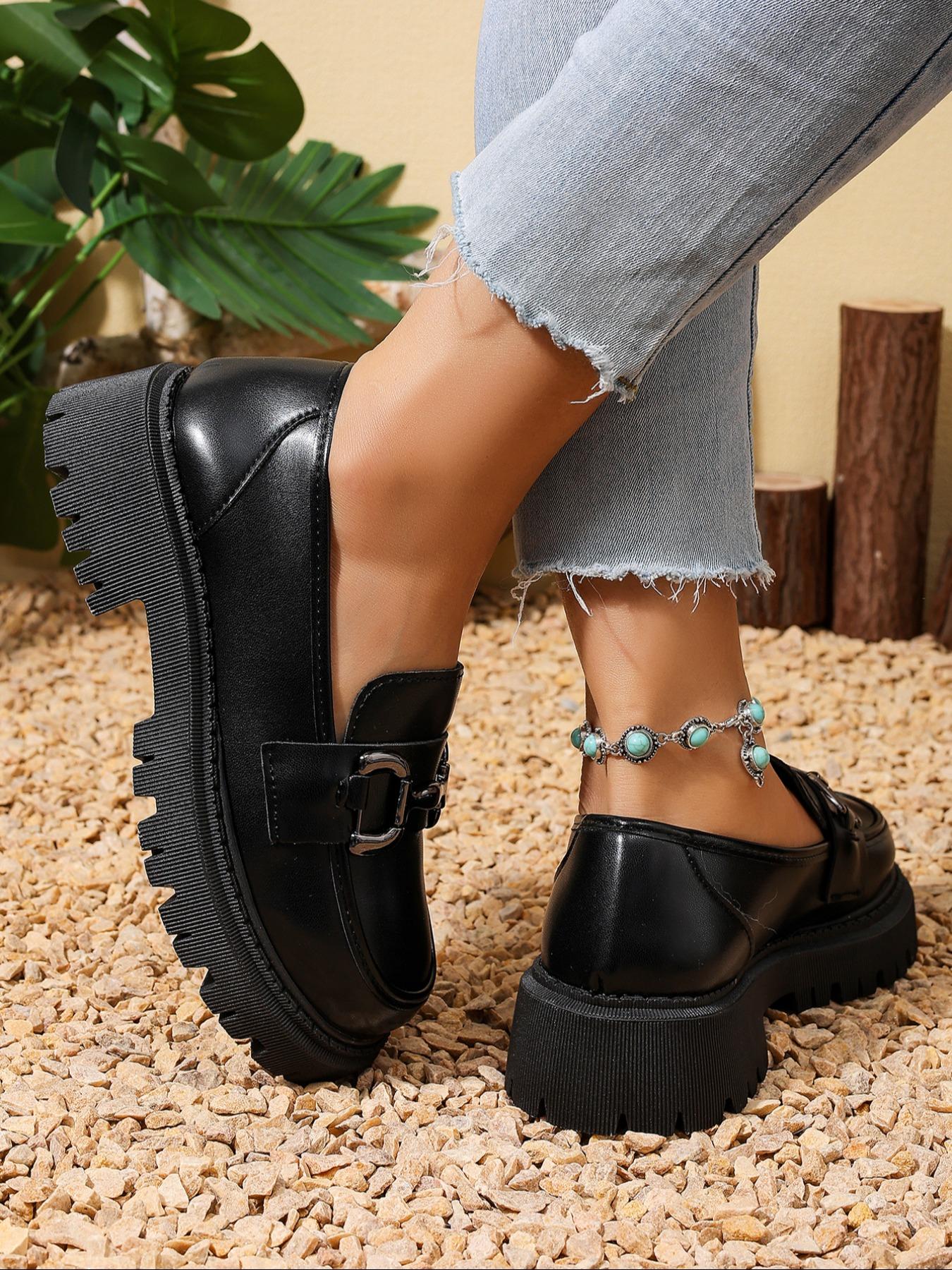 British Style Thick Sole Loafers for Women, Walking Shoes, Metal Buckle ...