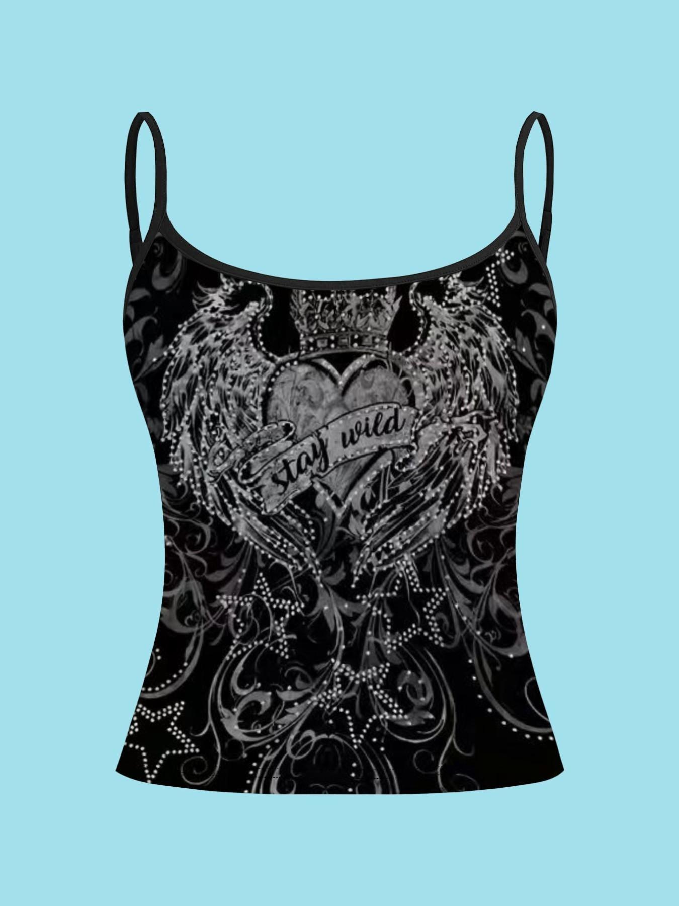 3 Piece Gothic Heart & Pattern Cami Set, Slim Fit Casual Outerwear ...