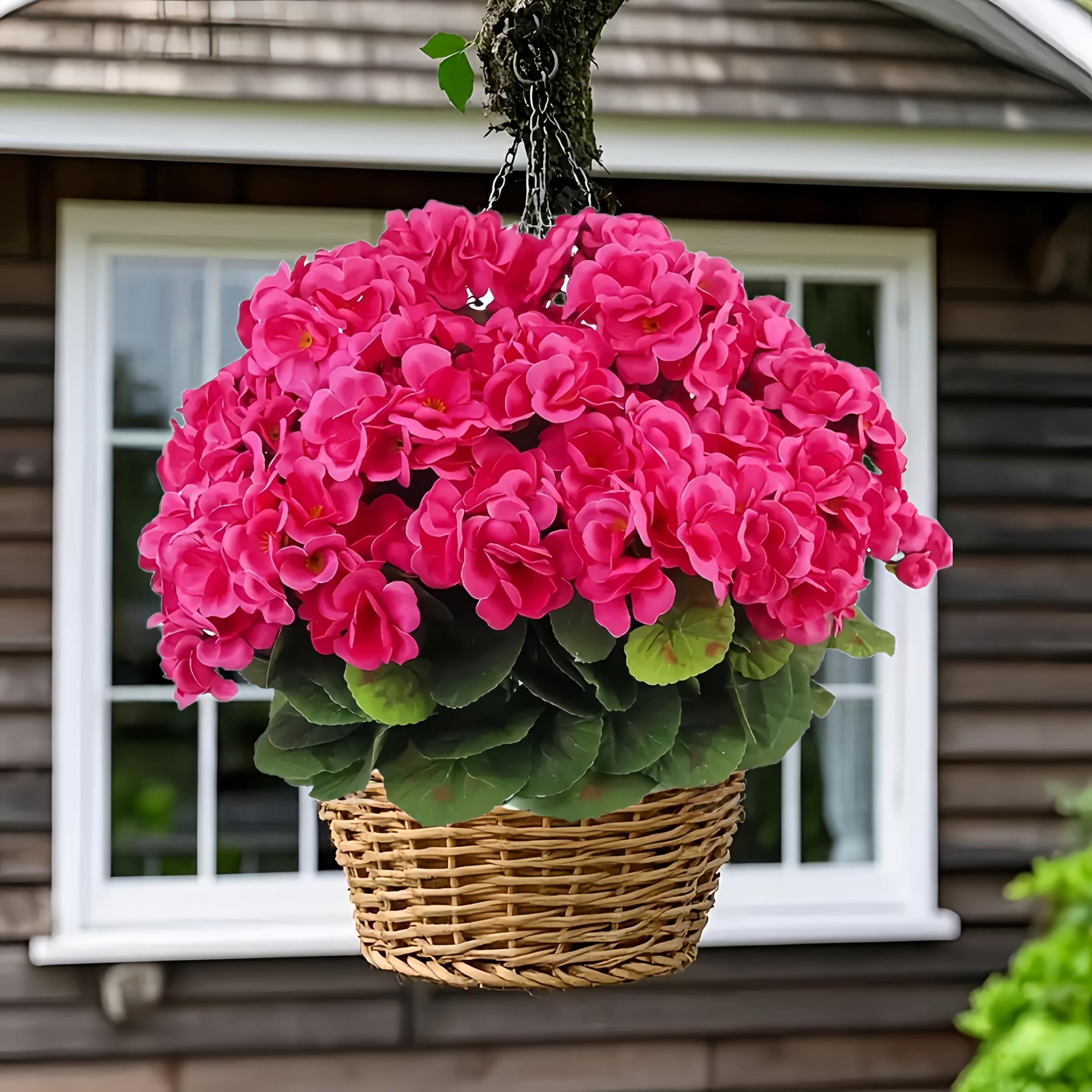 8 Sets UV Resistant Artificial Geranium, Bright Pink Faux Flowers with ...