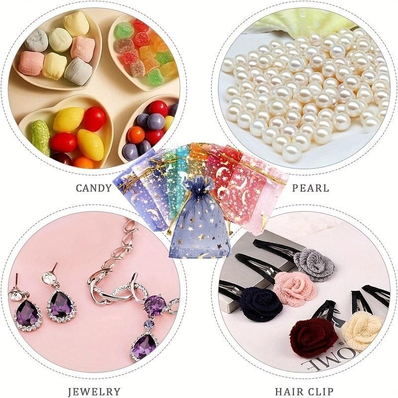 10/30/50pcs Mixed Color Organza Mesh Bags, Star Moon Pattern Drawstring ...