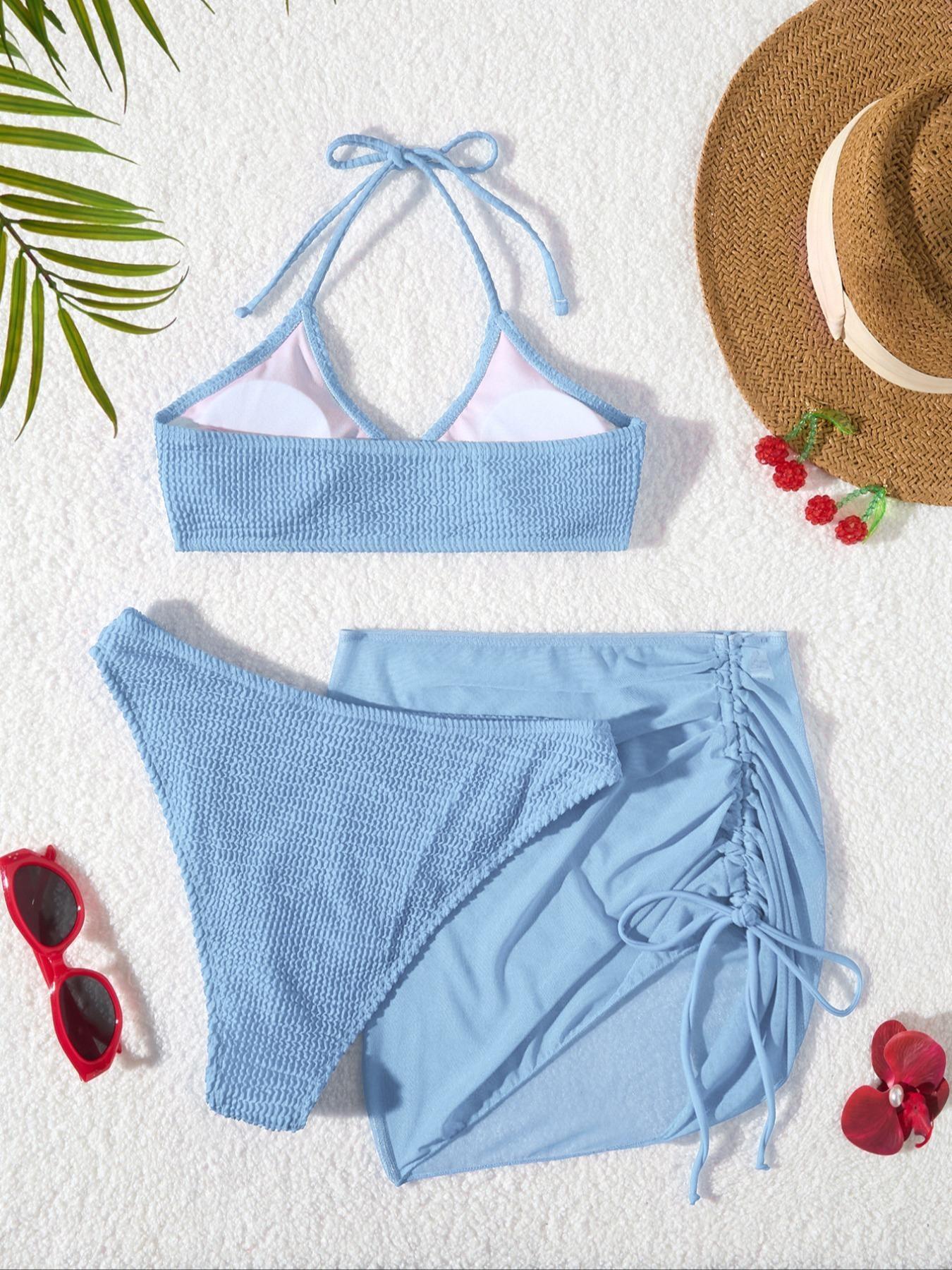 Women's Ring Linked Halter Bikini Top & Drawstring Skirt & High Cut ...