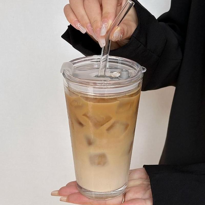 15oz Large Capacity Transparent Ice Coffee Cup with Lid and Glass Straw ...