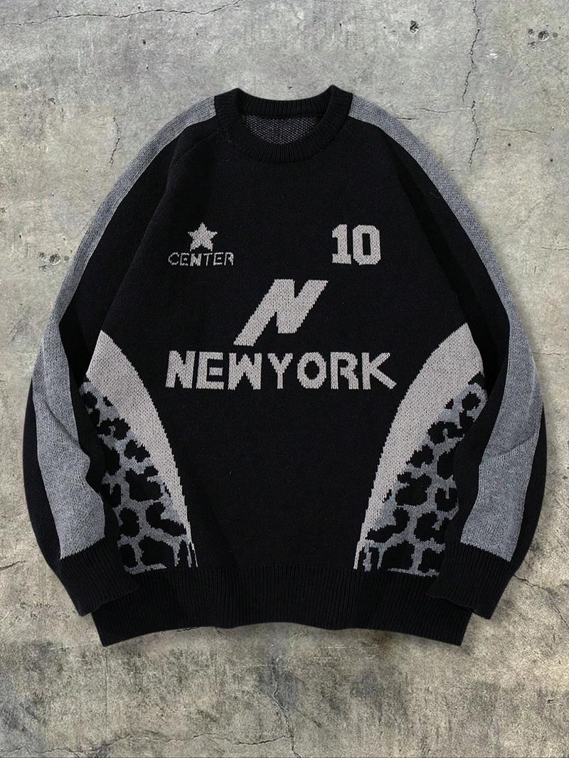 Men's Fall Winter Casual Loose Fit Knit Sweater, New York Letter Number ...