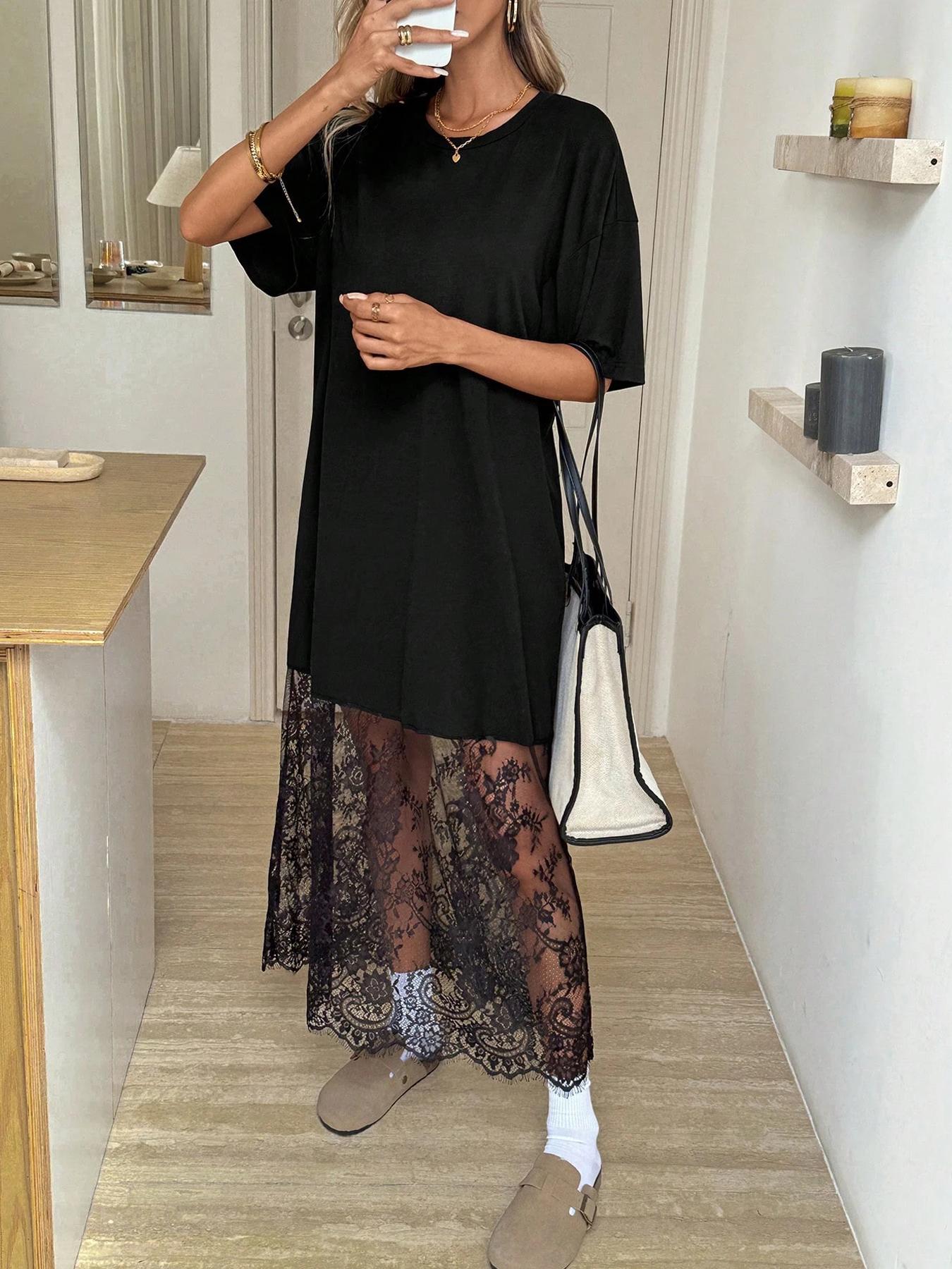 Solid Color Crew Neck Short Sleeve Loose Casual Lace Dress, Suitable ...