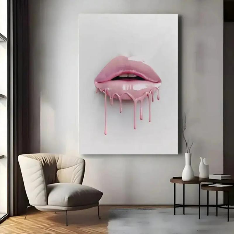 1 Piece Framed Canvas Wall Art - Modern Minimalist Pink Lip Print Oil ...