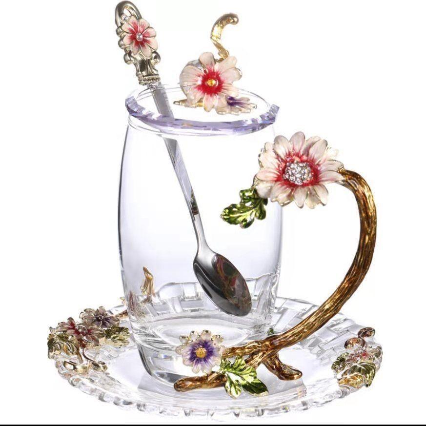 Enamel Sunflower Crystal Glass Tea Cup Set, Creative Floral Handle ...
