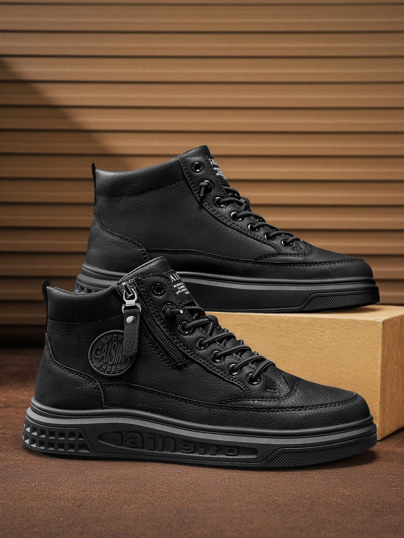 Men's Solid Color High Top Sneakers with Zipper Decor, Comfortable ...