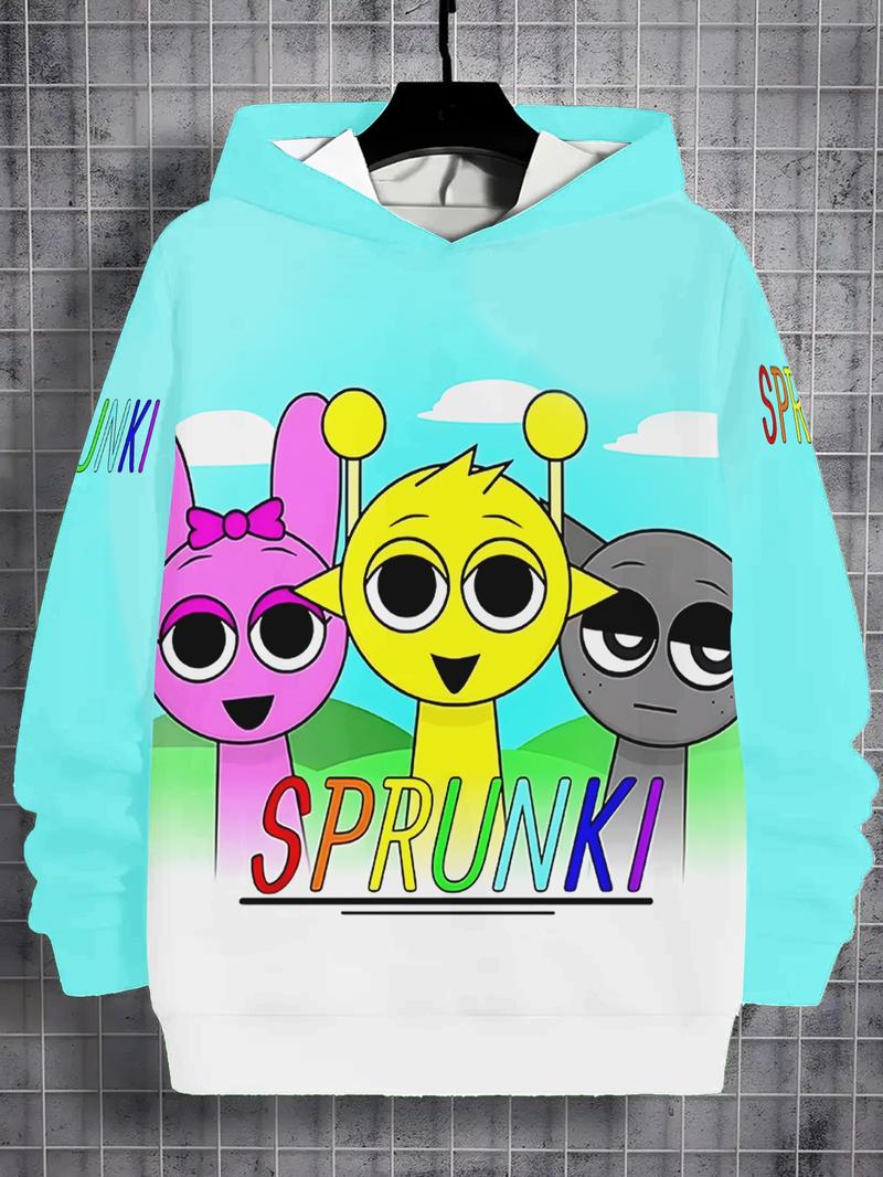 Sprunki Cartoon Character Boys Hoodie, Blue Gradient, Fitted Casual Top ...