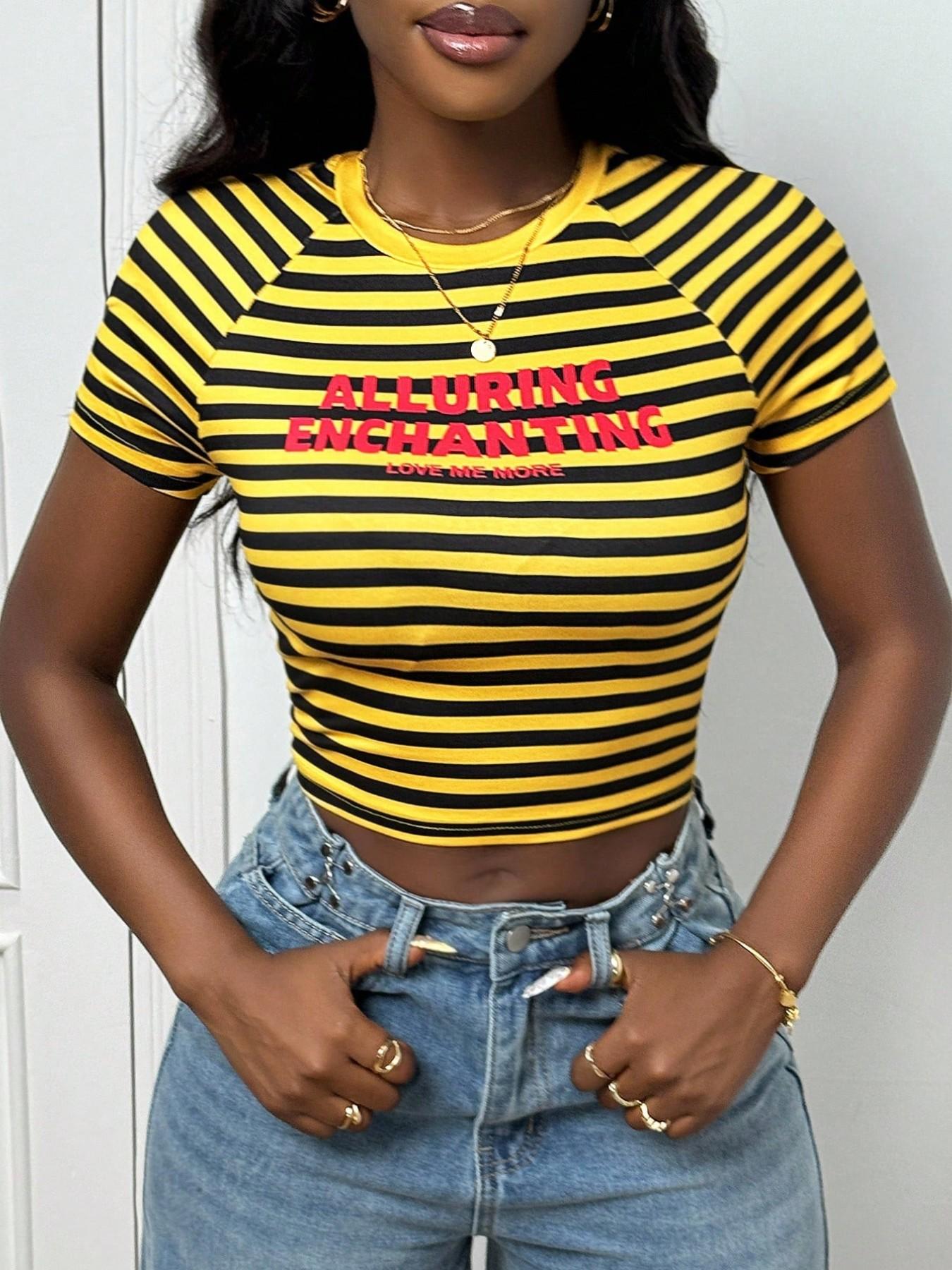 Yellow Black Striped Slogan Print Form-Fitting Short Sleeve Round Neck ...