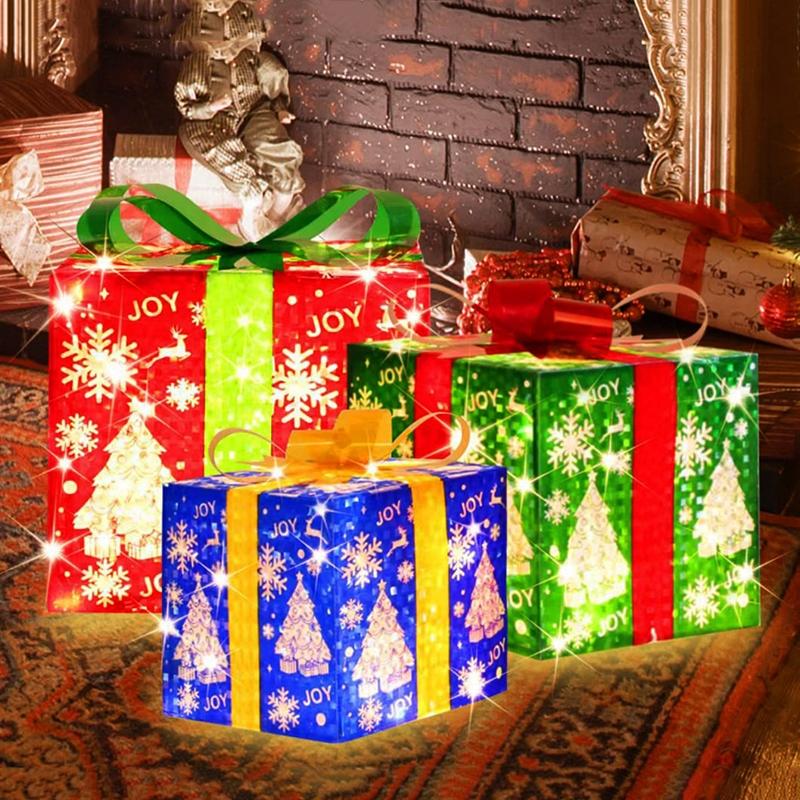 3 Piece Glowing Christmas Gift Box Set, 8 Modes Remote Control ...