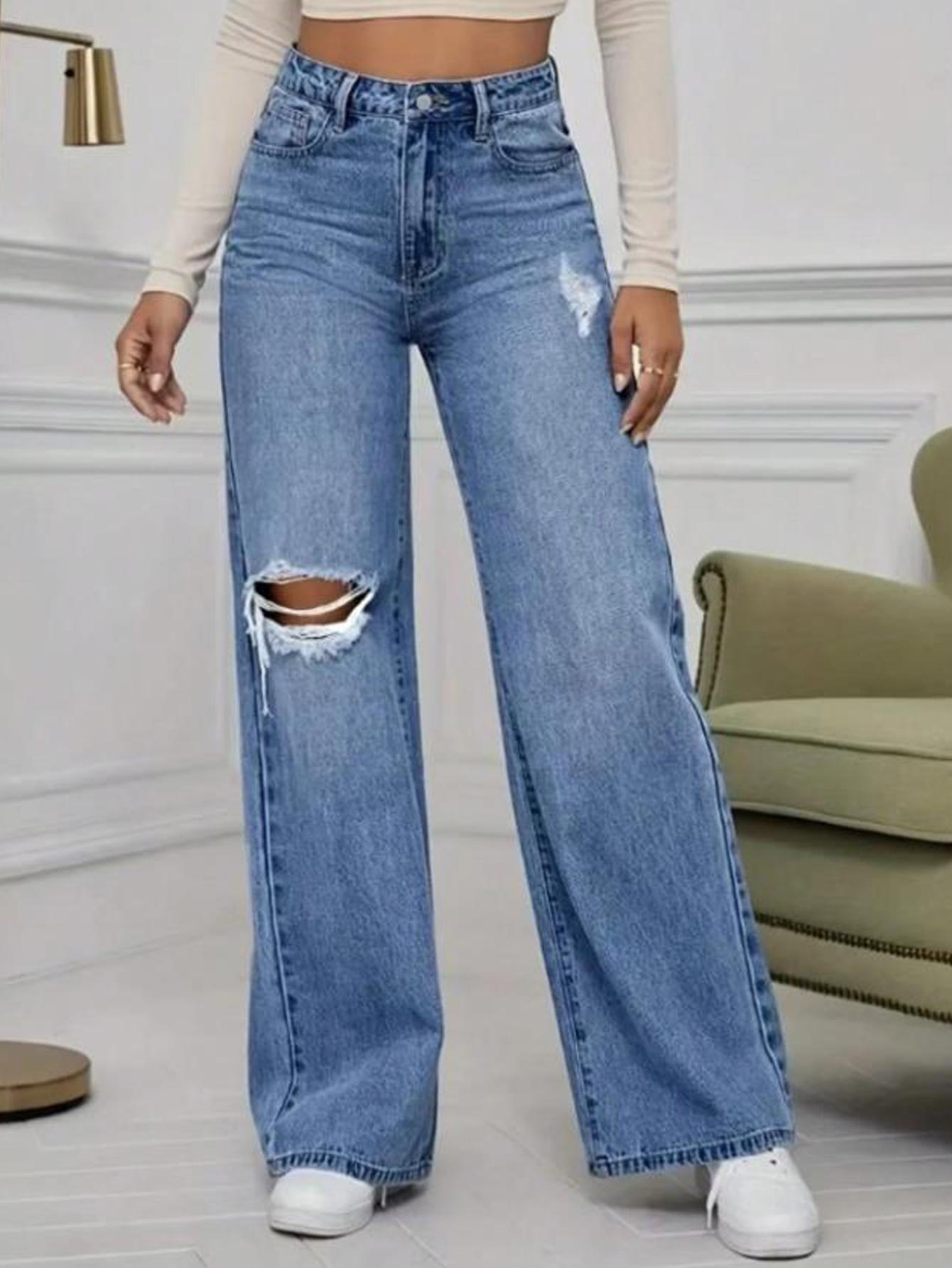 Women's Denim Long Pants, American Style Trendy Loose Fit Casual Blue ...