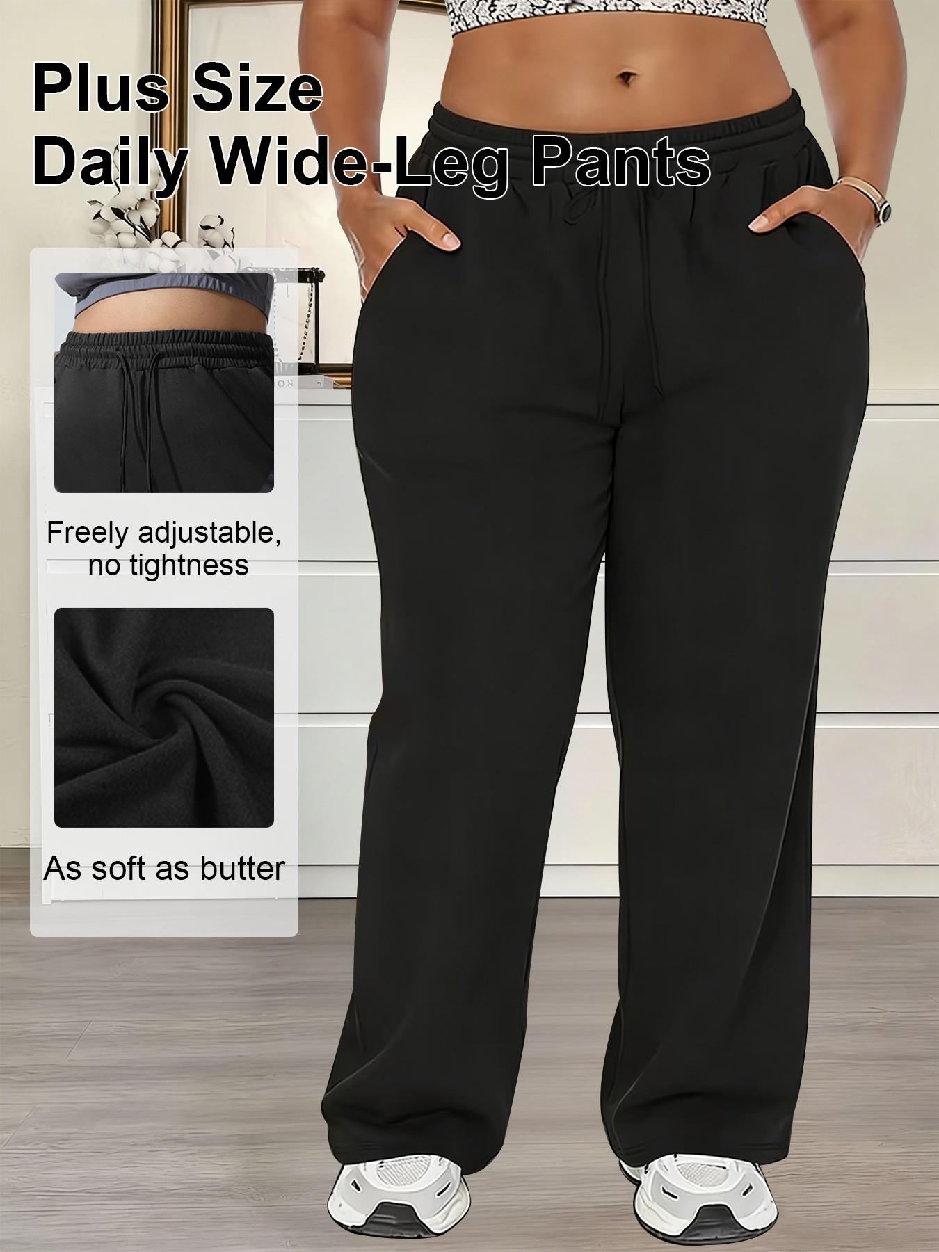Women's Plus Size Wide Leg Sport Pants, Soft Elastic Fabric, Pockets ...