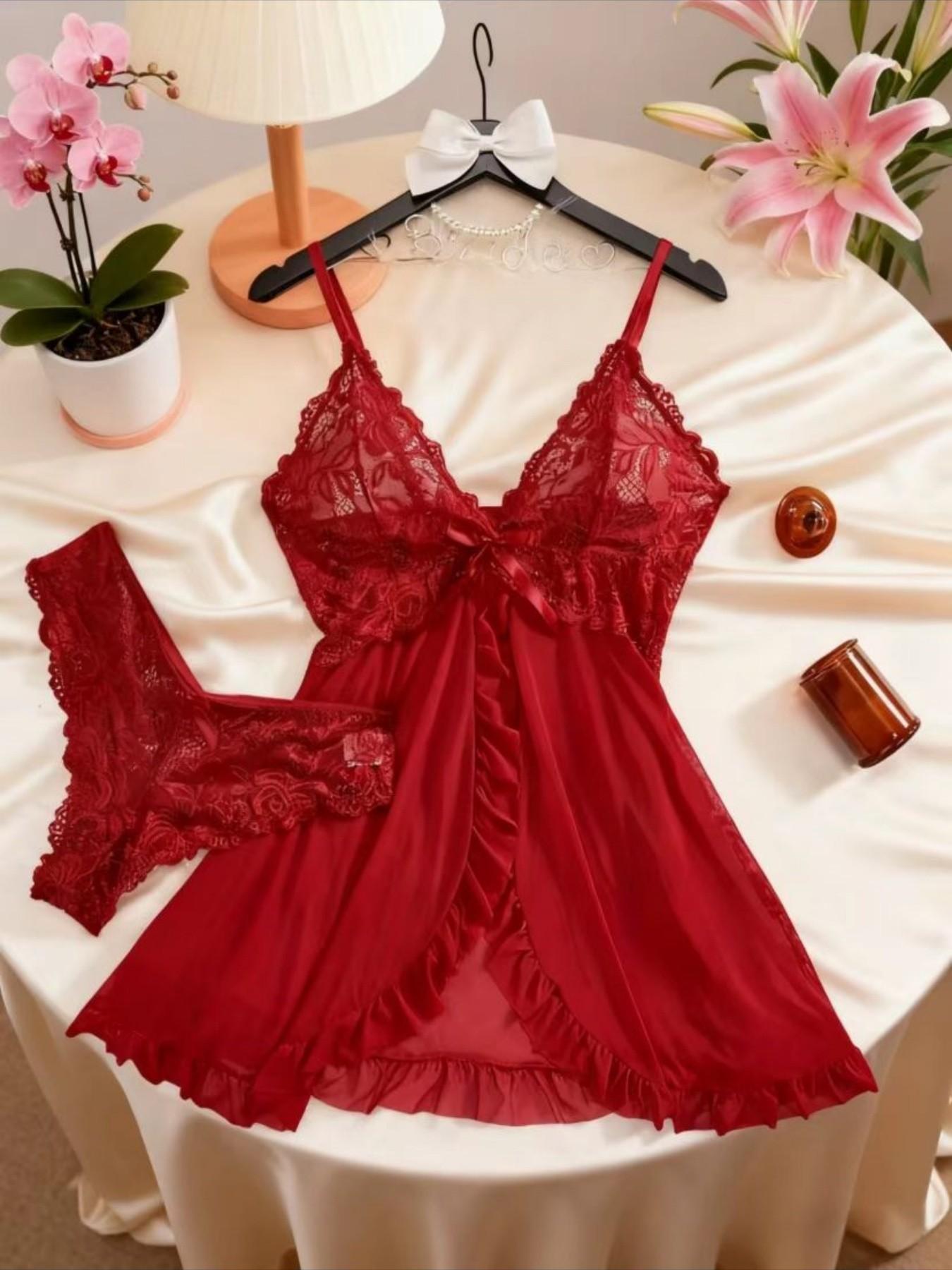 1 Count Women's Exquisite Feminine Wine Red Lace Lingerie Set ...