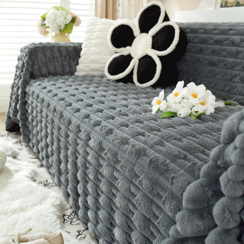 Luxury Rabbit Fur Sofa Throw Blanket, Solid Color Thickened Integrated ...