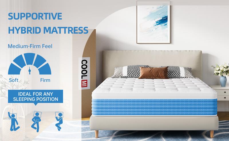 COOLMI 12/14 Inch Hybrid Mattress Queen Memory Foam & Pocket Springs ...
