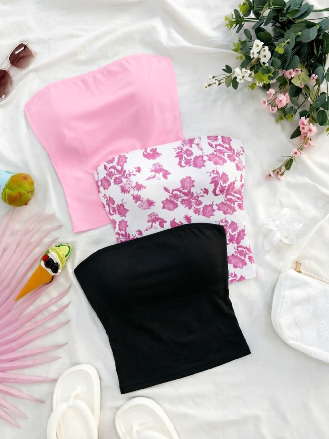 Summer Casual Strapless Crop Top, 3-Pack Basic & Floral Print Women's ...