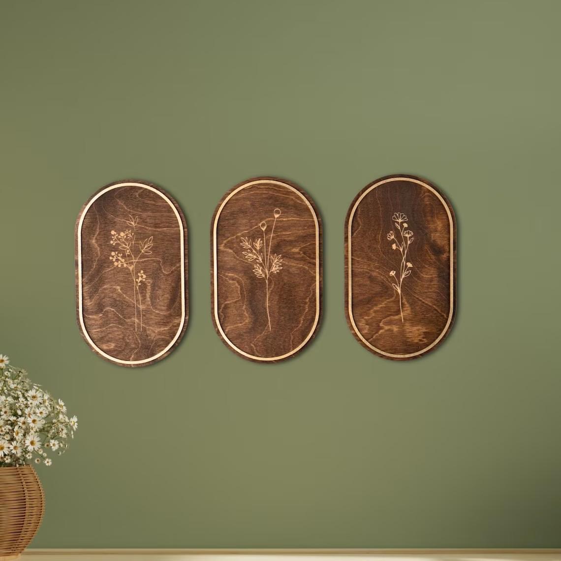 3-Piece Oval Floral Wooden Wall Art, Wood Framed, Vintage Deep Rustic ...