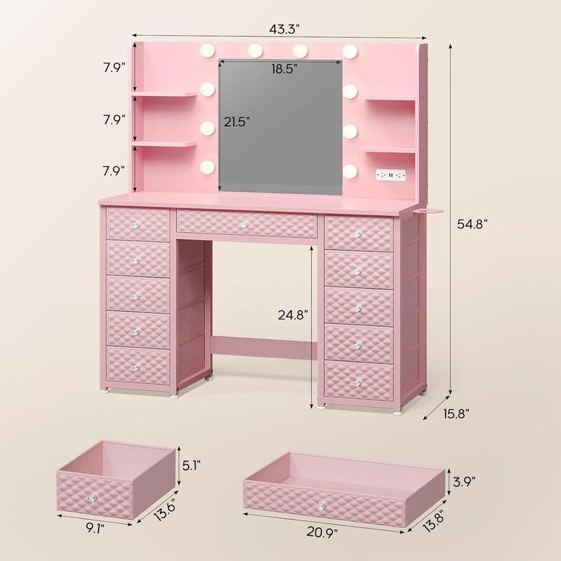 Sikaic Makeup Vanity with 11 Drawers and 6 Open Shelves Pink Modern ...