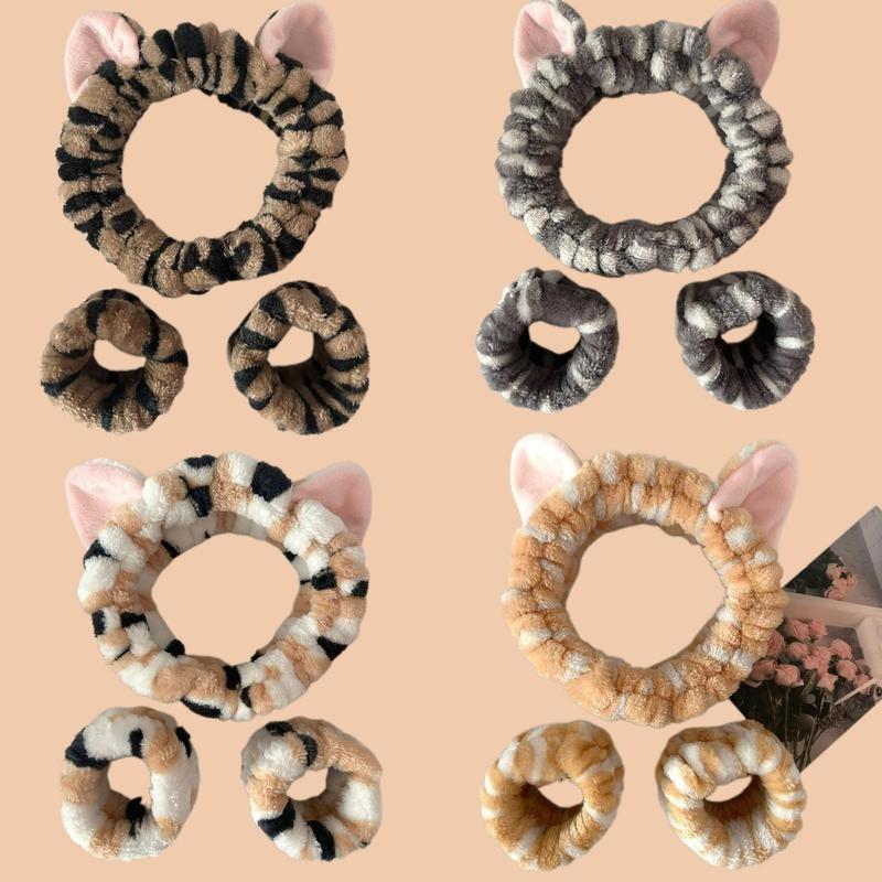 Plush Striped Face Wash Set with Coral Fleece Hairband and Wristband ...