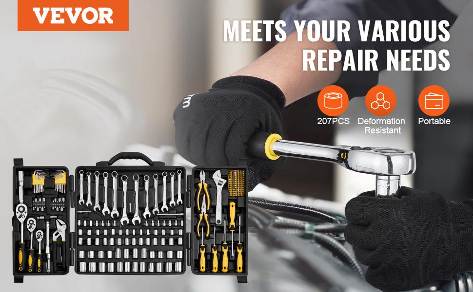 fathersdaygift VEVOR 207-Piece Mechanics Tool Set, 1/4 3/8 1/2 Drive ...