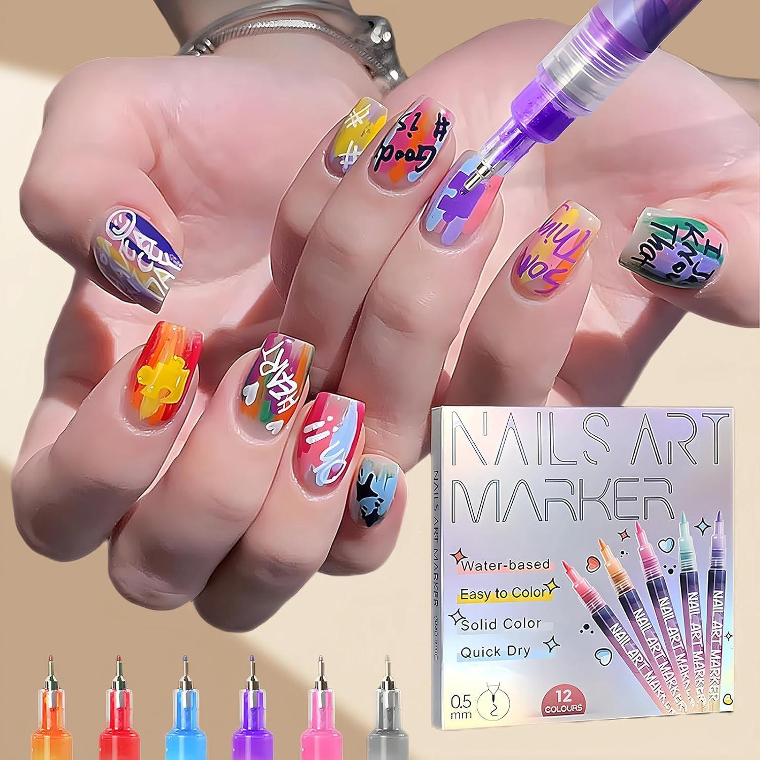 12 Colors Nail Art Marker Set, 3D Nail Art Pen, 0.5mm Nail Art Graffiti ...
