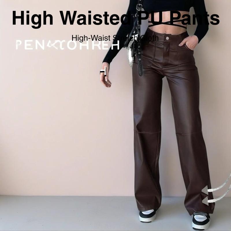 Y2K Style PU Leather Loose Fit Trousers, High-Waisted Plain Design for ...