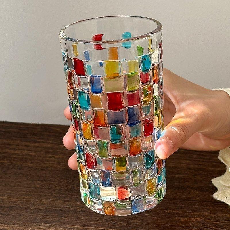 Hand-Painted Glass Cups, Rainbow Color Drinkware, 350ML Whiskey Glasses ...