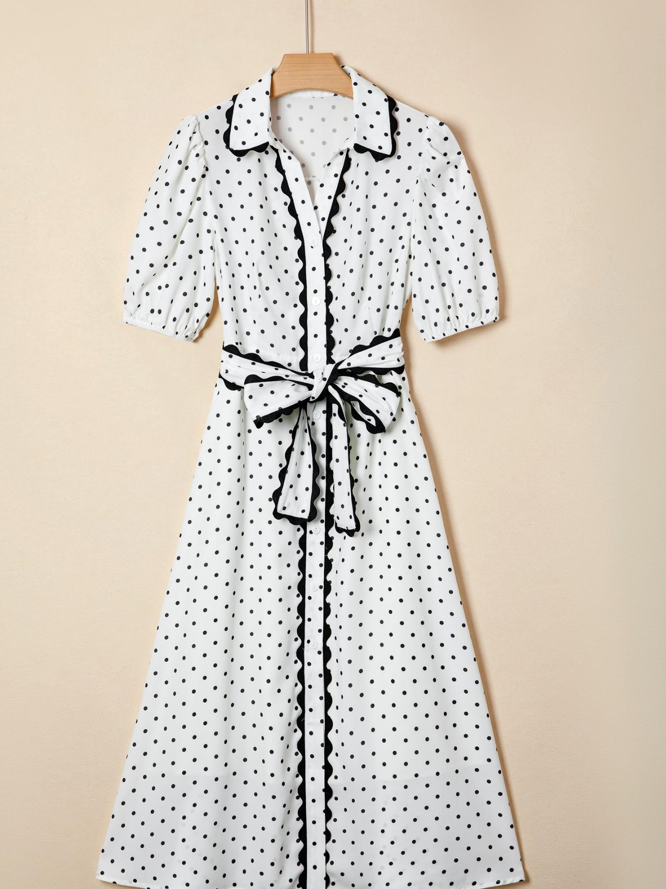 Summer Casual Polka Dot Print Color Block Wave Hem Lapel Tie Waist Long ...