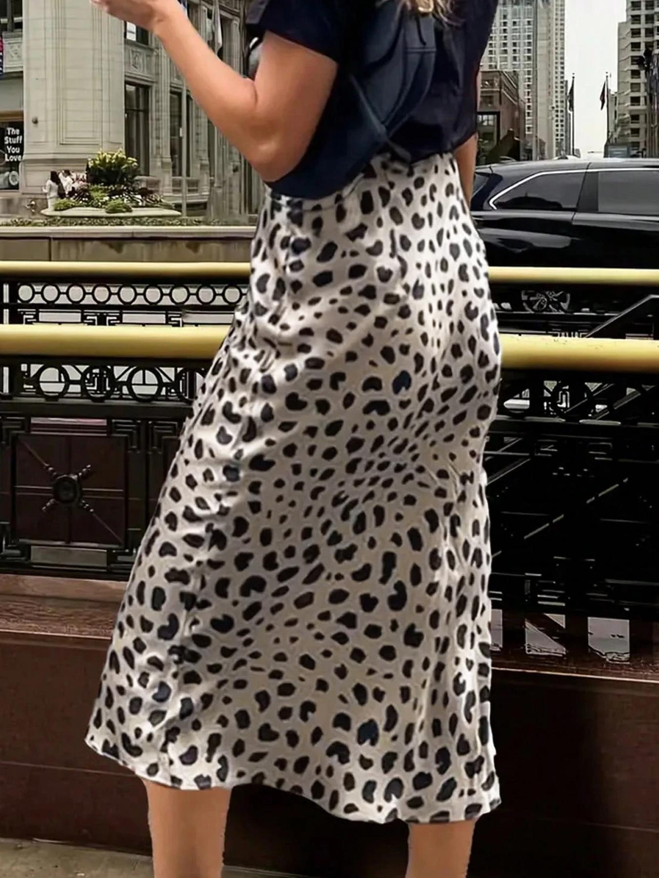 Women's Leopard Print Side Zipper Silk Satin High Waist Fit A-Line Midi ...