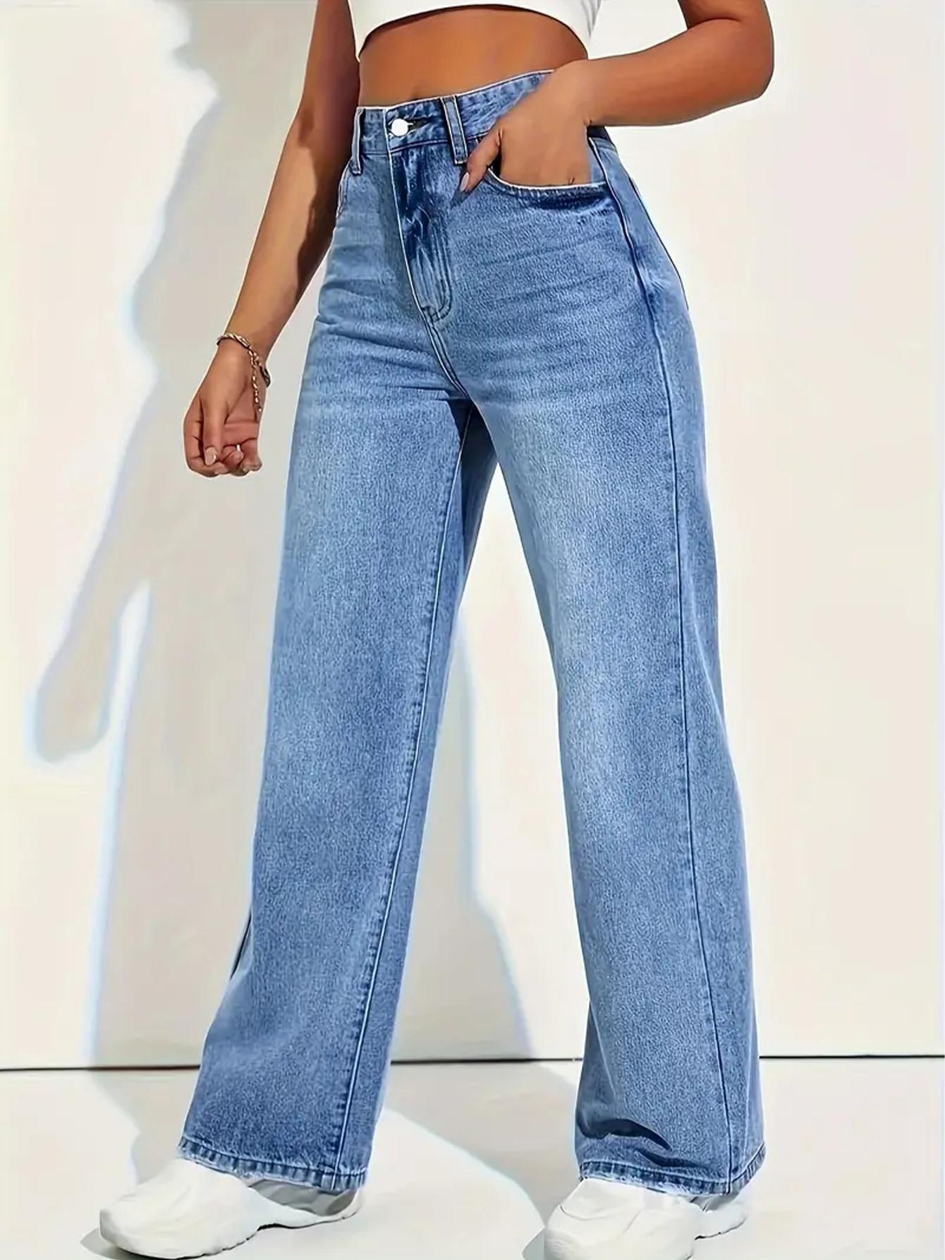 Women's Light Blue Denim Jeans, Elastic Waist, Loose Fit, Straight Leg ...
