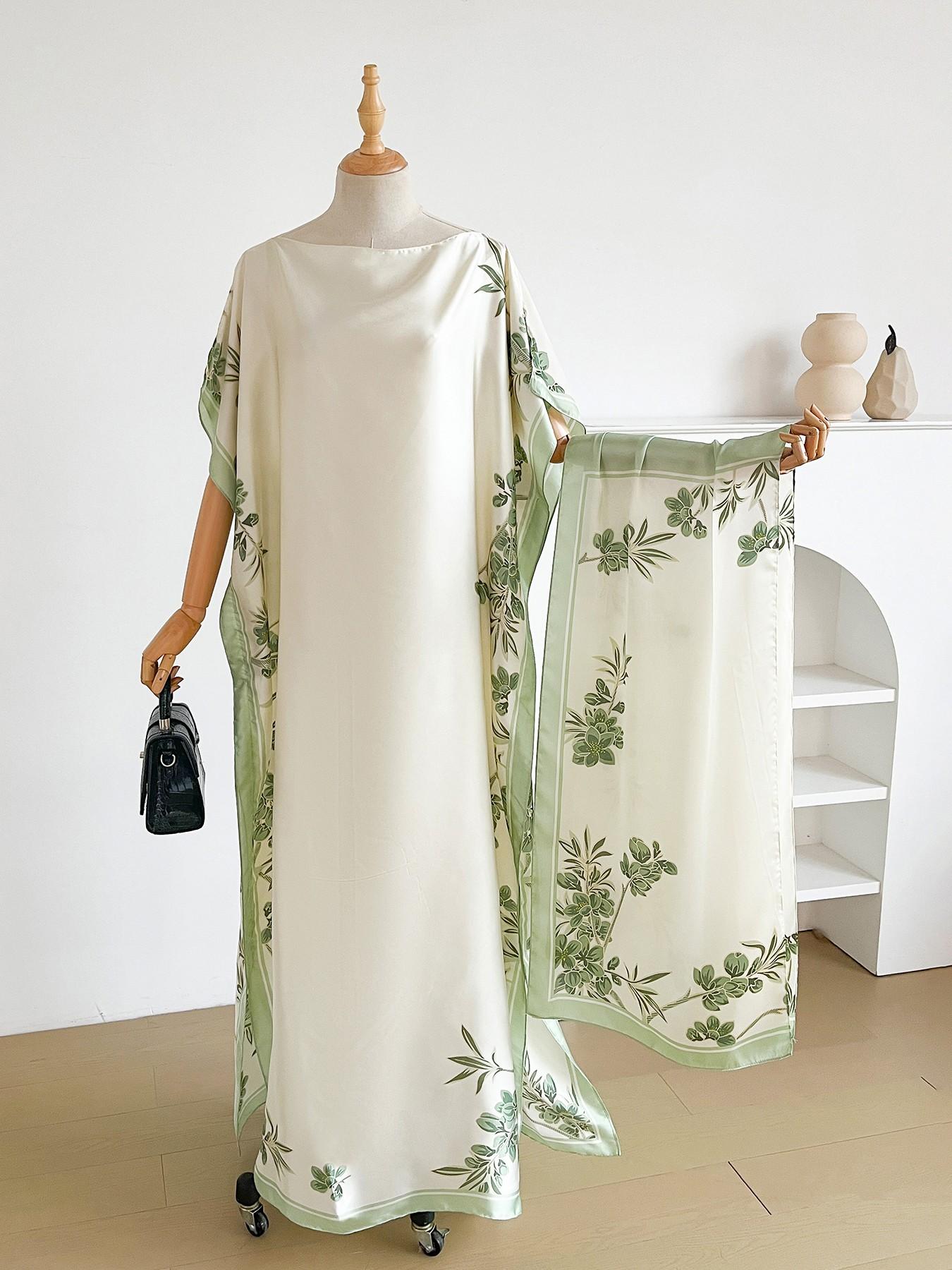 Women's Elegant Chic Silk Plant Print Floral Dress Set, Long Robe Shawl ...