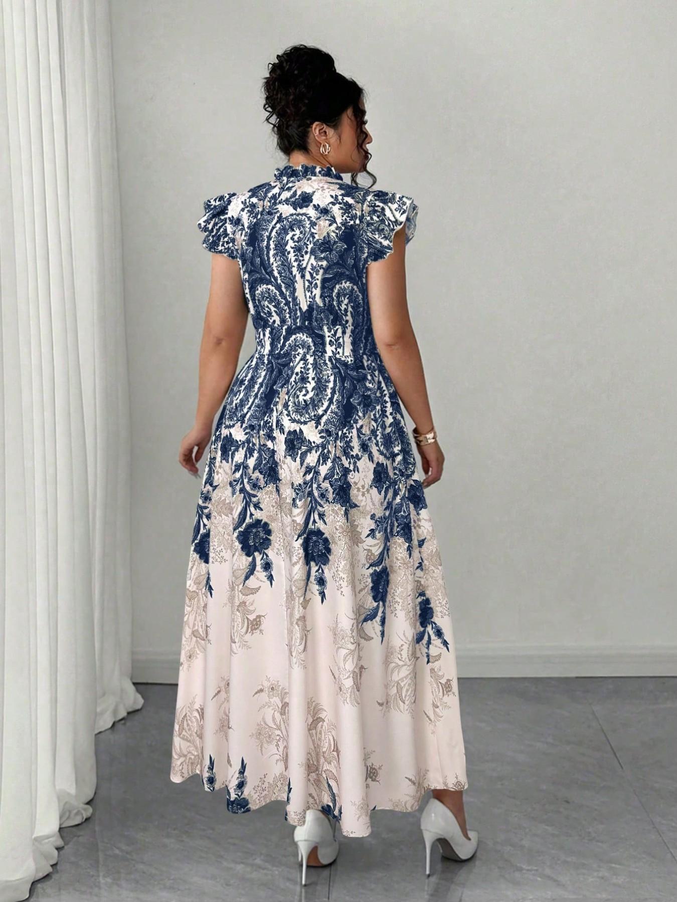 Plus Size Vintage Blue Polka Dot Midi Dress, Sleeveless Loose-Fit ...