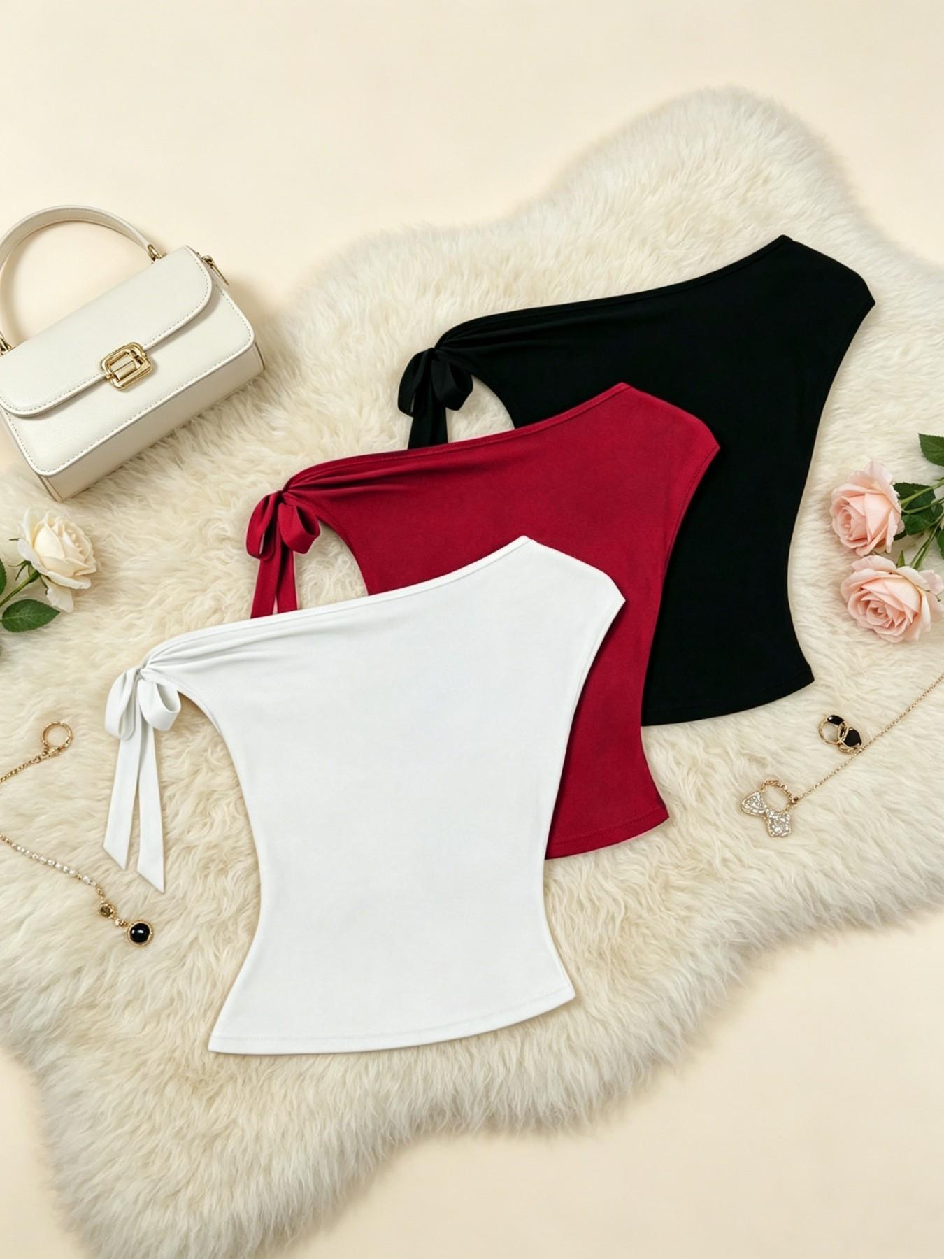 Three-Piece Asymmetrical One-Shoulder Top with Bow Detail, Slim Fit ...